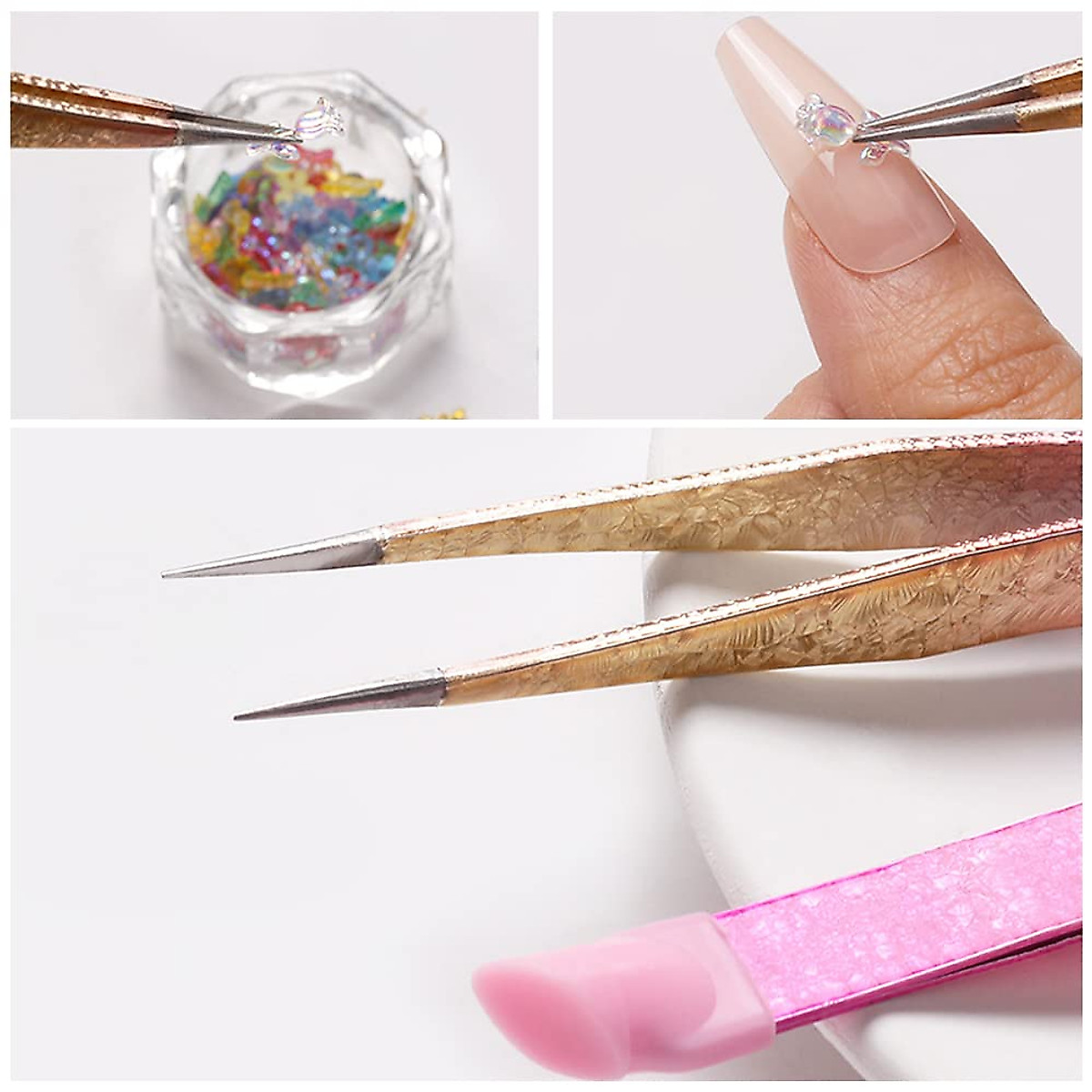 2pcs Double Ended Nail Art Tweezers for Women,Stainless Steel Tweezer Set Straight Tip Curved Tweezers Precision Lash Tweezers for Eyelash Extensions Pointed Tweezers for Crafts Rhinestone Picker Tool