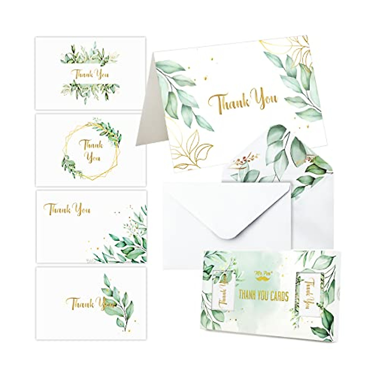 Mr. Pen- Thank You Cards with Envelopes, 20 Pack, 4” x 6”, Greenery Gold Foil Design, Thank You Notes with Envelopes Set, Thank You Cards Wedding, Blank Thank You Cards with Envelopes