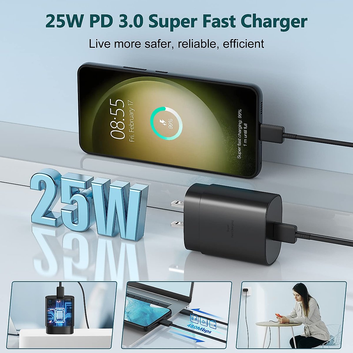 Fast Charger Type C 25W Android Phone Charger USB C Block with 10 FT C to C Type Fast Charging Cable for Samsung Galaxy S23 Ultra/S23/S23+/S22/S22 Ultra/S22+/S21/S20/Note 10/20, Z Fold/Flip, 3Pack
