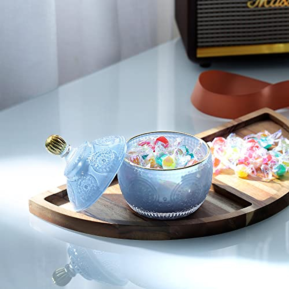 Joeyan Blue Decorative Glass Jars with Lid,Small Glass Jewelry Box,Embossed Candy Dish Candy Jar,Mini Colored Glass Canister for Nuts Chocolates Candy Buffet Display and Home Wedding Decoration,6 oz