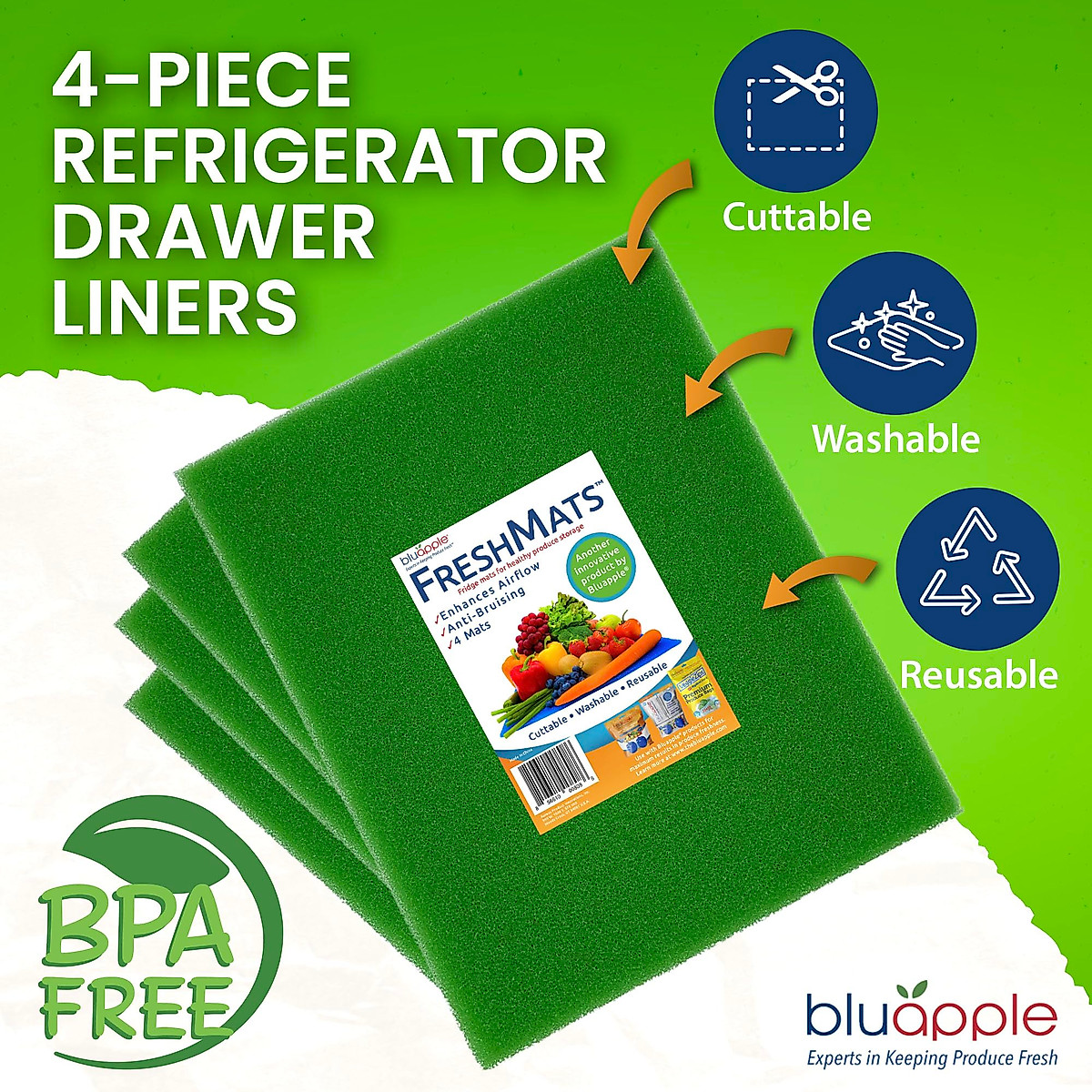 Bluapple FreshMats 4-Pack, 12" x 15" Cuttable, Washable, & Reusable Sponge Refrigerator Fruit & Vegetable Shelf Liner to Keep Produce Fresh Longer, Anti-Bruising, Promotes Air Circulation