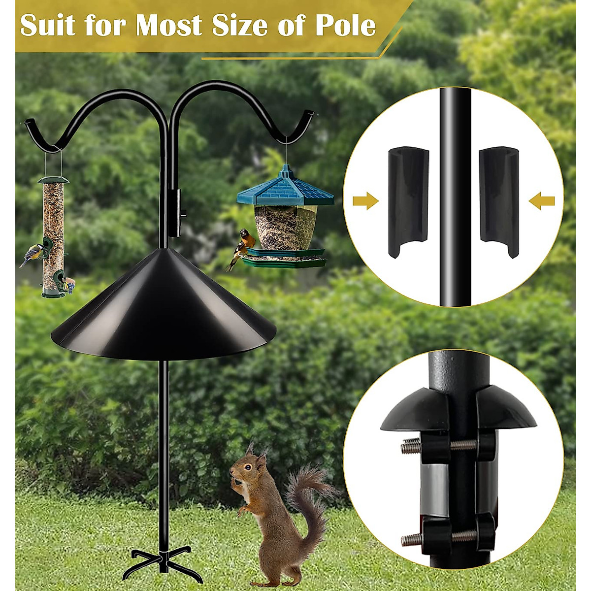 Queension Squirrel Proof Baffle, 19-inch Wide Squirrel Guard Stopper for Outdoor Bird Feeder Poles or Outside Shepherd Hooks, Save Bird Houses from Squirrels, Raccoons, and Rodents, Black, 1 Pack…
