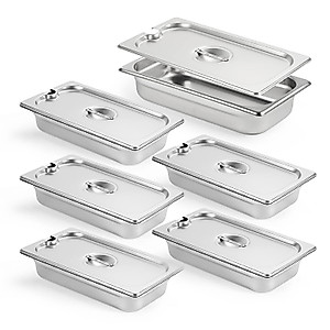 CURTA 6 Pack Anti-Jam Slotted Hotel Pans with Lids, 1/3 Size 2 1/2 Inch Deep, NSF Commercial 18/8 Stainless Steel Chafing Steam Table Food Pan with Covers