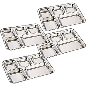 Khandekar Pack of 4 Stainless Steel Lunch Plate, 5 Compartment Thali, Food Divided Plates, Dinner Plate Set, Outdoor Camping and Everyday Use