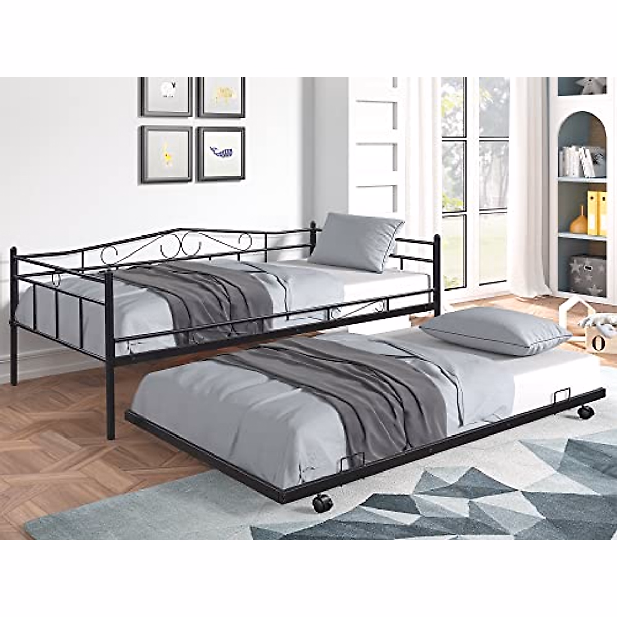 Tensun Twin Size Daybed with Trundle,Metal Bed Frame for Bedroom Living Room, Heavy Duty Steel Slat Support, No Spring Box Needed