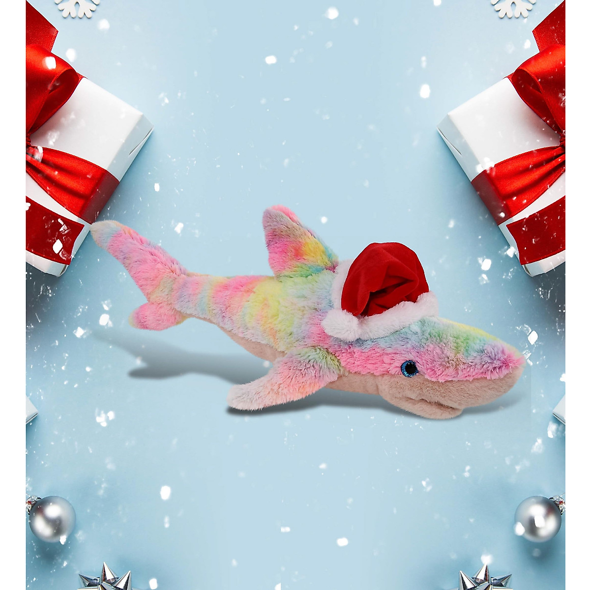 DolliBu Santa Large Rainbow Shark Stuffed Animal Plush Toy - Wild Animal Dress Up with Red Santa Claus Hat, Cute Wildlife Gift, Perfect Holiday with Name Personalization - 23 Inches