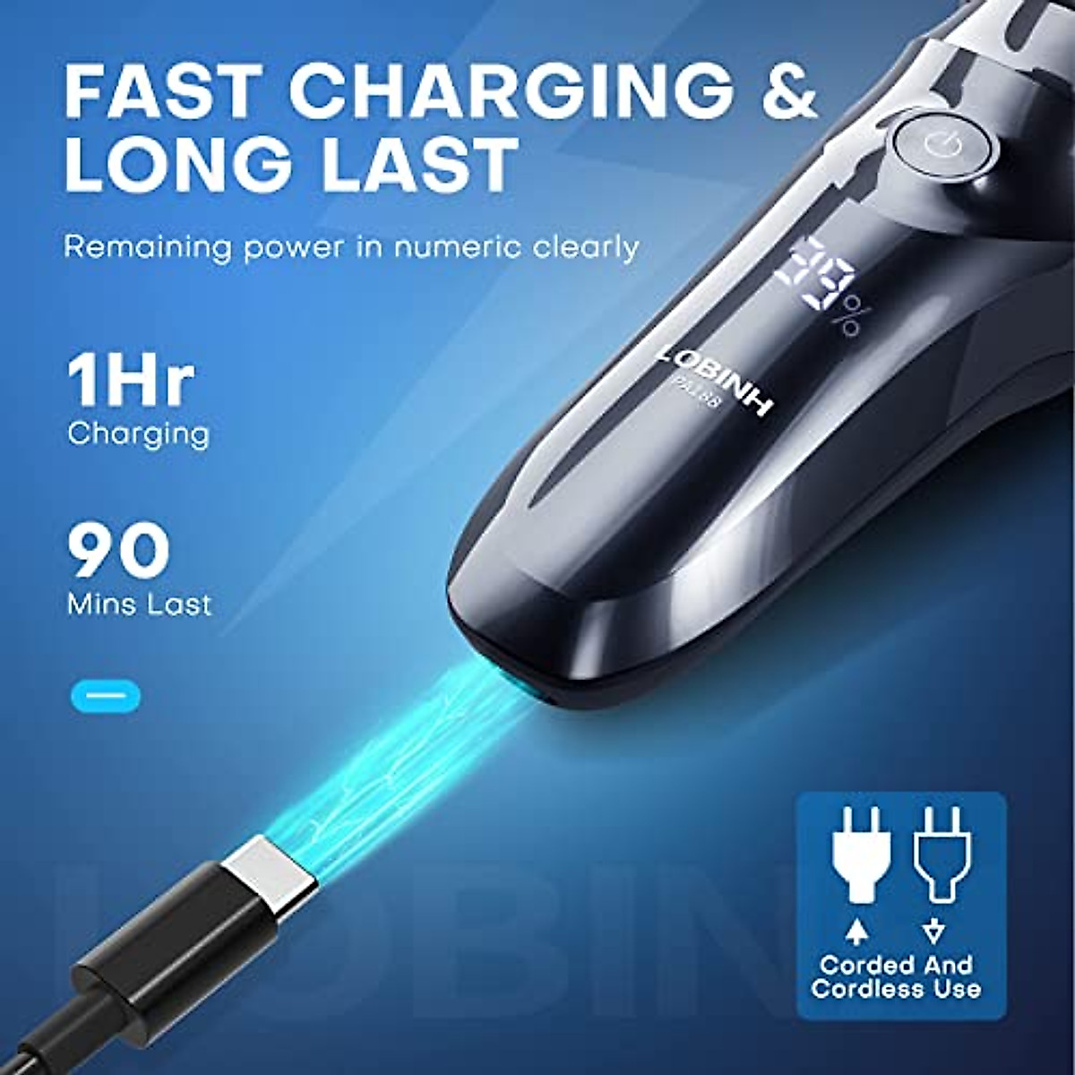 Men's Electric Shaver - LOBINH 3D Rechargeable Waterproof IPX7 Wet & Dry Shaving Electric Razor Rotary Shaver for Men with Pop-up Sideburn Trimmer,1 Hour Fast Charging, LCD Power Indicator - PA188