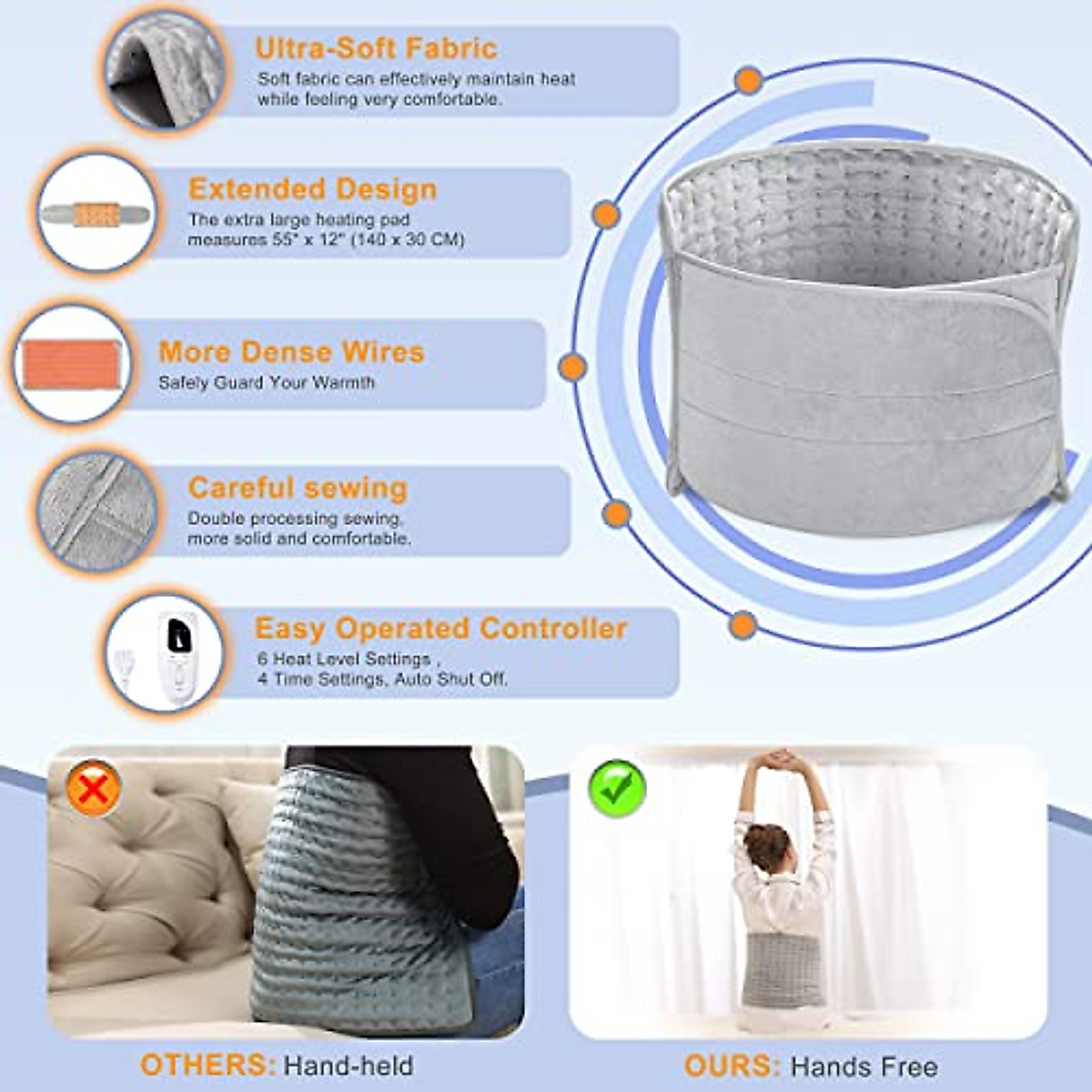 Lumbar Heating Pad for Back Pain Relief,55" x 12" XL Electric Electric Heat Pads with Belt,with 6 Heat Level Settings,4 Time Settings, Auto Shut Off (Light Grey)