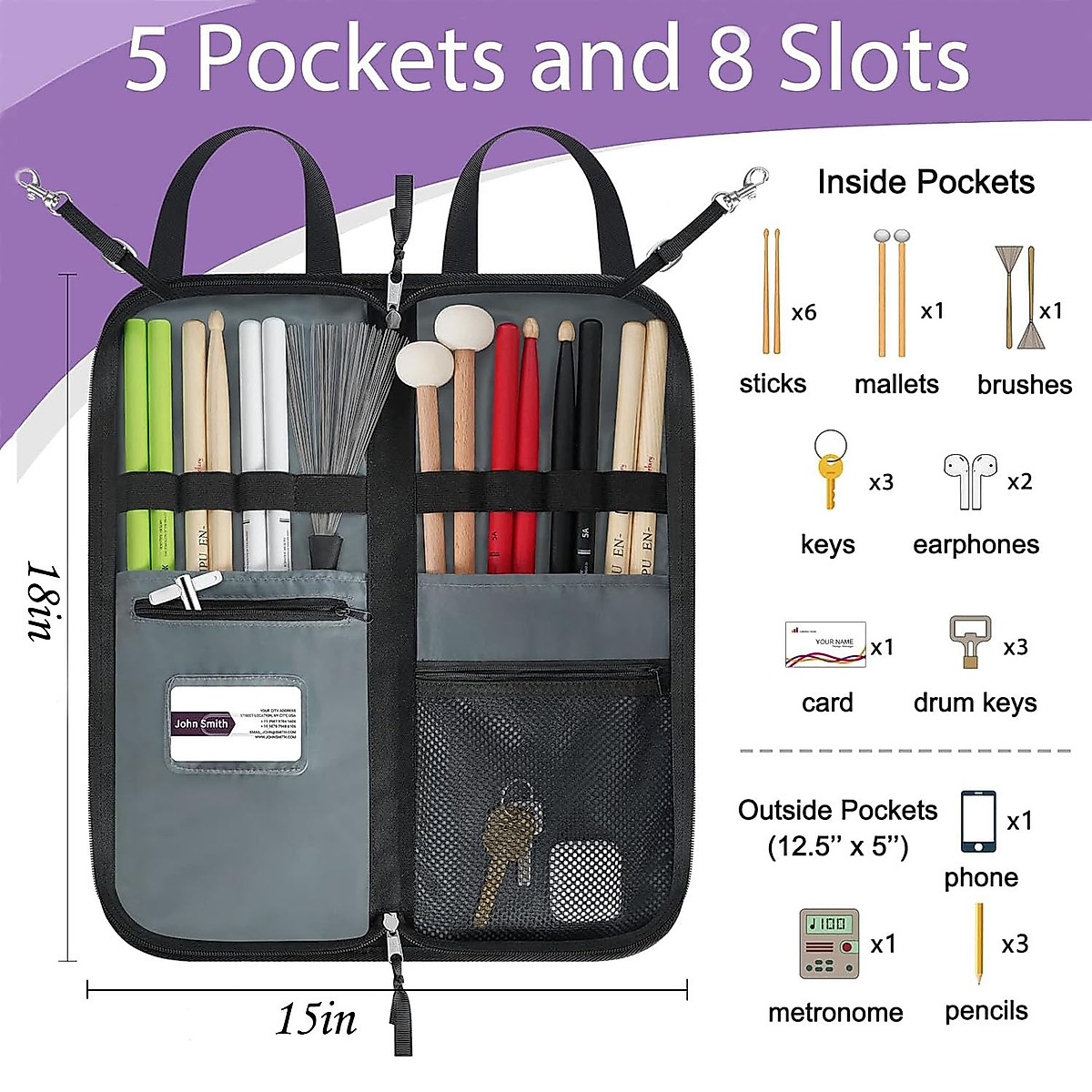 SNIGJAT Drumstick Bag with Crossbody Shoulder Strap, Large Capacity Mallet Bag with Anti-falling Pockets, Gifts for Drummers, Beginners in Band, Gig, Solid Drum Sticks Bag with Metal Hooks