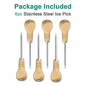 Yzurbu 6pcs Ice Pick for Breaking Ice, Stainless Steel Ice Pick Tool with Safety Wooden Handle for Kitchen