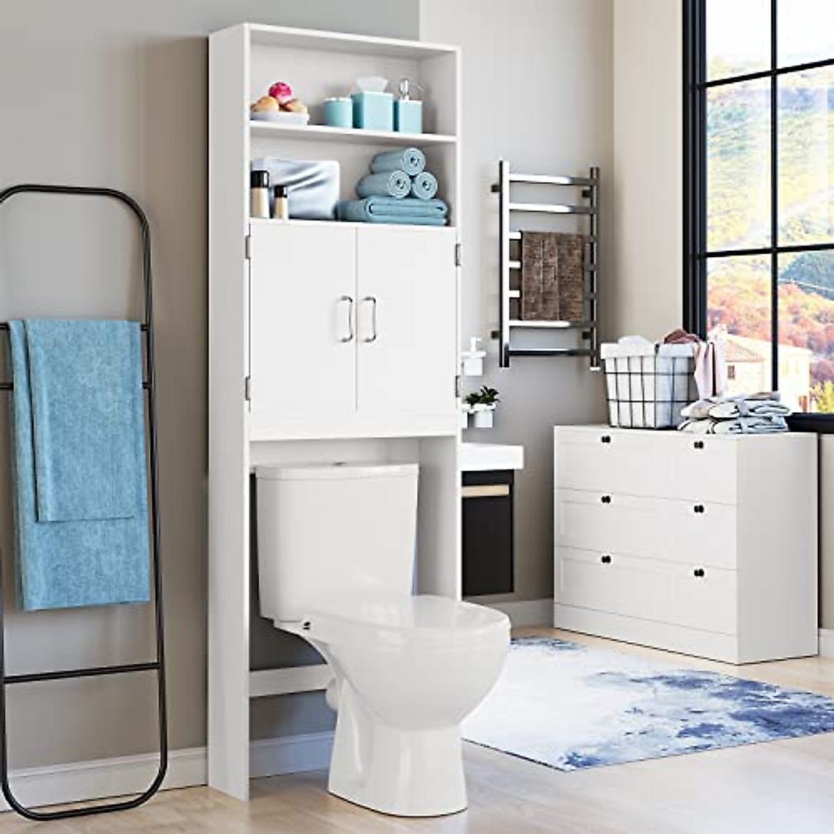 HOSTACK Over The Toilet Storage, Double Door Bathroom Organizer Toilet Cabinet, Freestanding Above Toilet Rack with Open Shelves and Adjustable Bottom Bar, 76.8 in H, White