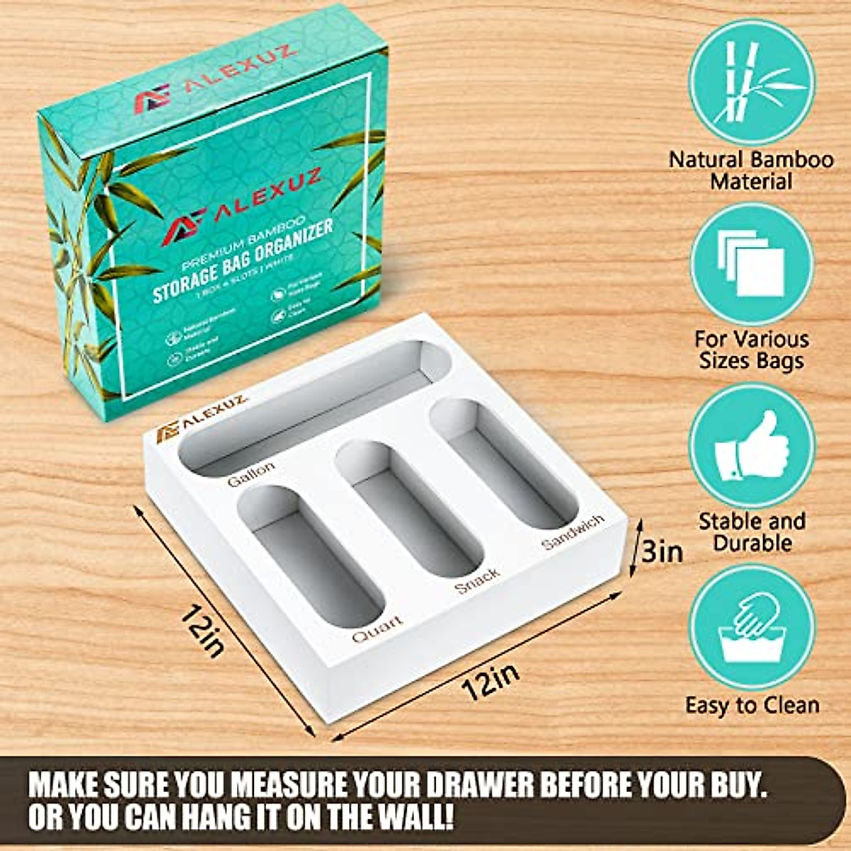 ALEXUZ Bamboo Food Storage Bag Organizer for Kitchen Drawer, Baggie Organizer Dispenser Compatible with Ziploc, Solimo, Glad, Hefty for Gallon, Quart, Sandwich & Snack Variety Size Bags (White)