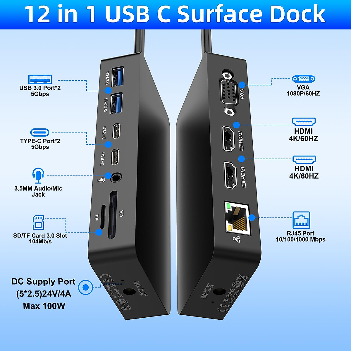 12 in 1 Surface Dock USB C with 100W Power Supply - 2 Year Warranty - Surface Pro Docking Station with Dual 4K HDMI+VGA for Surface Pro 11/10/9/8/X/7+/7,Surface Laptop, Surface Go