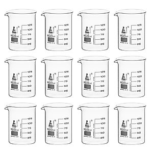 EISCO 12PK Beakers, 150mL - Low Form with Spout - White, 25mL Graduations - Borosilicate 3.3 Glass