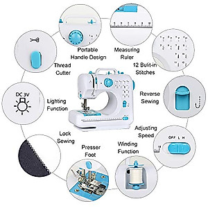 Mini Sewing Machine, Portable Multi-Purpose Crafting Mending Machine Household 12 Built-in Stitches & Double Thread for Beginners Blue