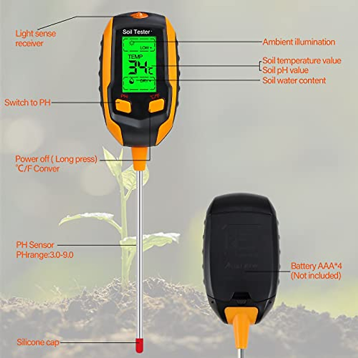 SOILPHU 4-in-1 Soil Moisture Meter,Inspection Plant Temperature/Soil Moisture/PH Meter/Sunlight Intensity/Environment Humidity Soil Test Meter for Gardening, Farming, Indoor and Outdoor Plants