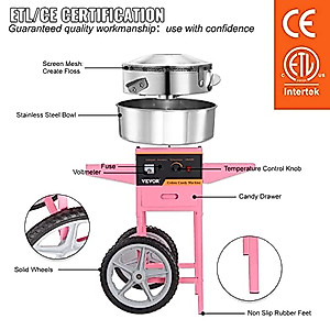 VEVOR Cart Electric Cotton Candy Machine, 1000W Commercial Floss Maker with Stainless Steel Bowl, Sugar Scoop and Drawer, Perfect for Home, Kids Birthday, Family Party, Pink