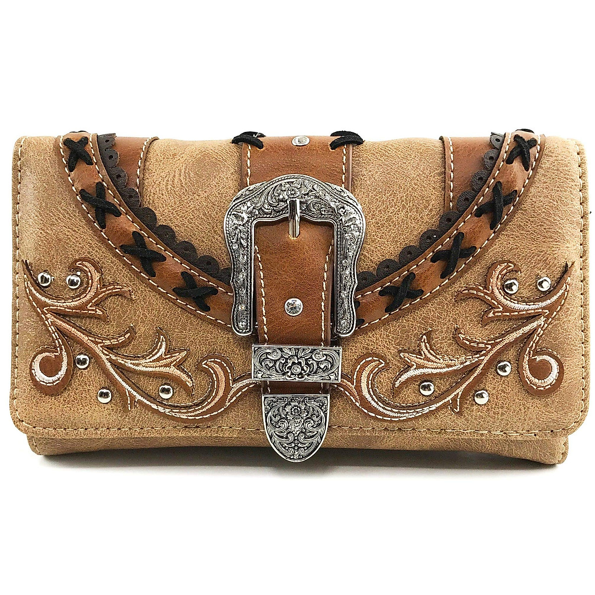 Zelris Western Country Floral Buckle Rucksack Backpack with Matching Wallet Set (Tan)