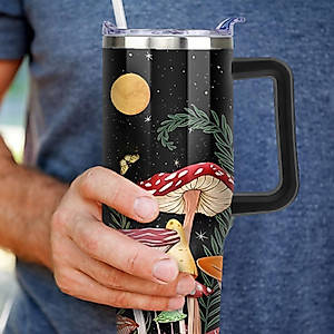 thmasamwr Mushroom Tumbler with Lid and Straw, Stainless Steel Mushroom 40oz Tumbler with Handle, Black Mushroom Travel Coffee Mug Mushroom Gifts Cups for Women and Men