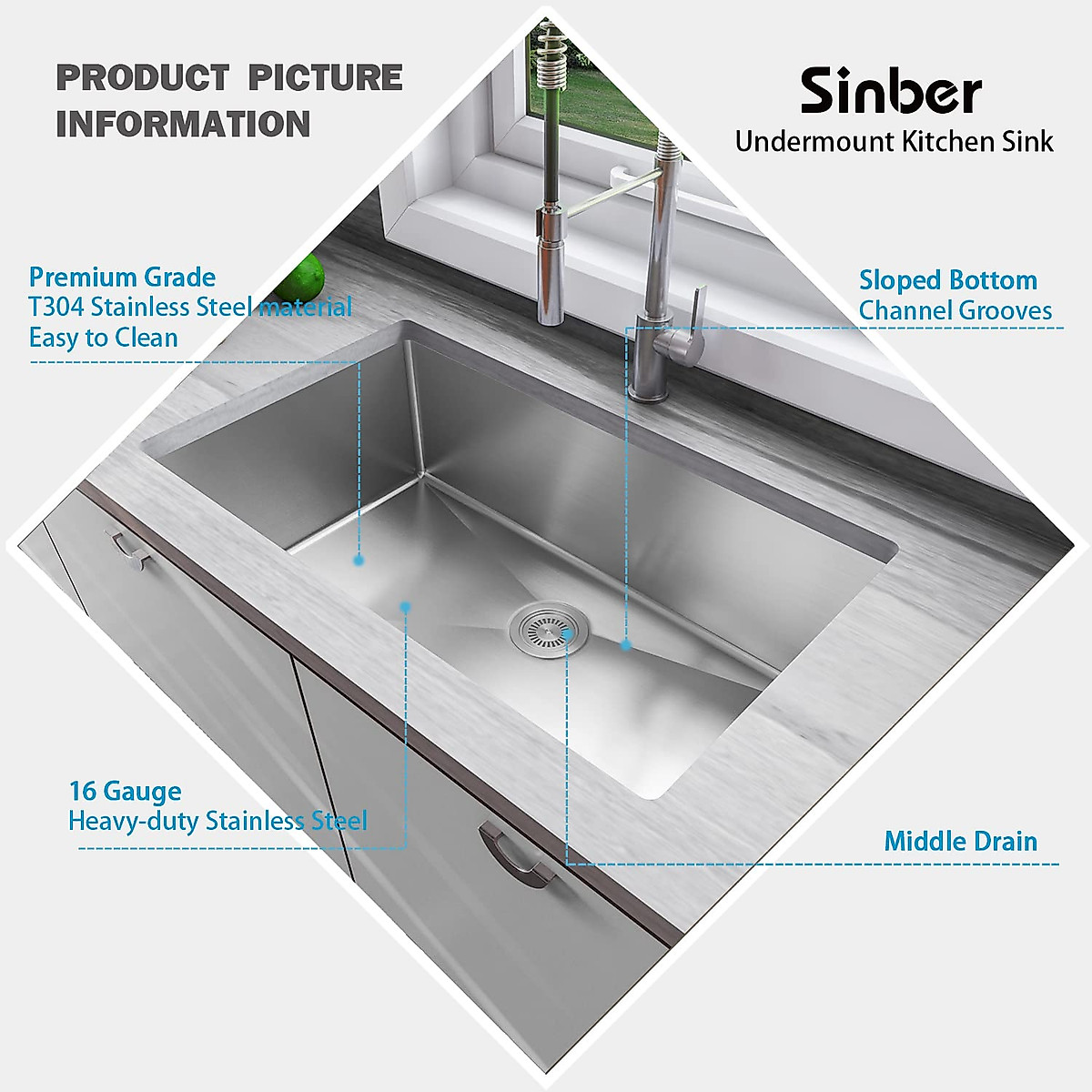 Sinber 32" x 19" x 10" Undermount Single Bowl Kitchen Sink with 16 Gauge 304 Stainless Steel Satin Finish HU3219S-16G (Sink Only)