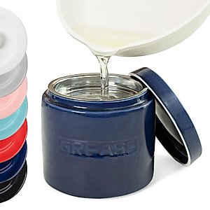 CYPRESS SUNRISE Bacon Grease Oil Container Storage Can Keeper w/Stainless Strainer Paleo Keto Pour Spout Ceramic Porcelain Stoneware Fat Separator Filter Multiple Colors NAVY BLUE
