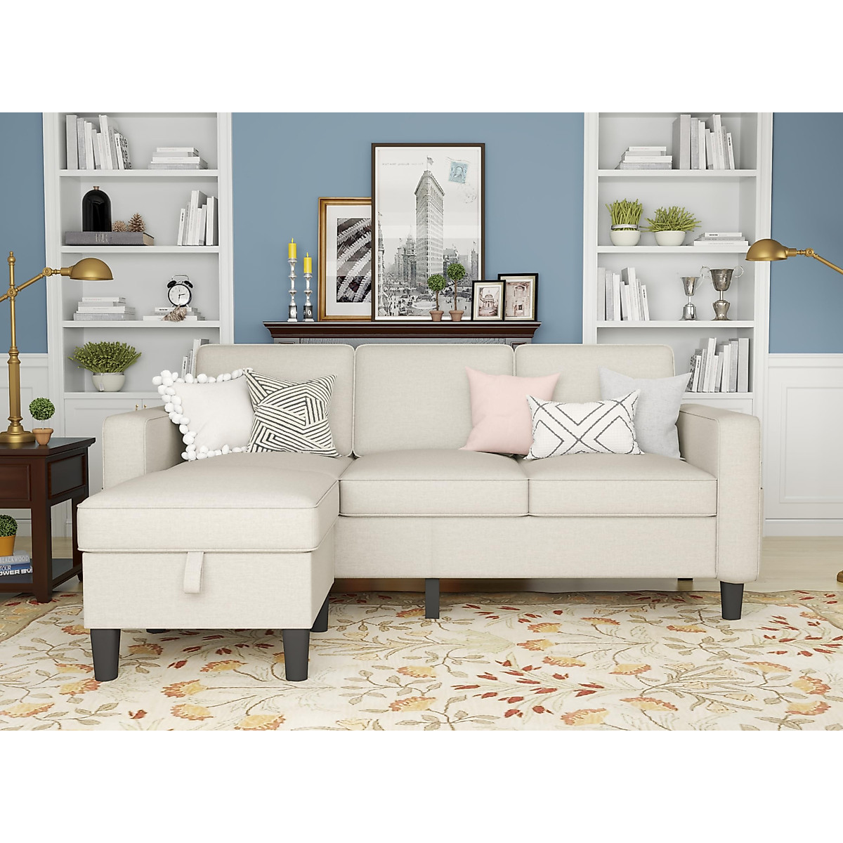 Woyomeub Sectional Sofa 78" Couch Couches for Living Room with Storage Ottoman Beige Modern L Shaped 3 Seater Sofas for Small Space Dorm APT