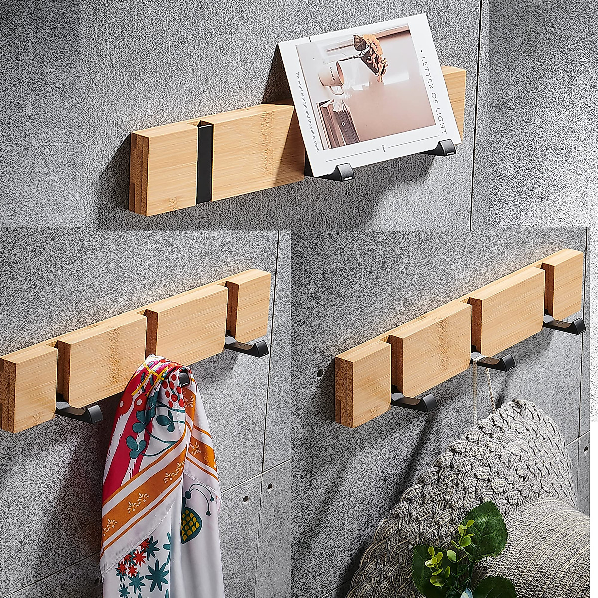 Wooden Coat Hooks, Coat Rack Wall Mounted with 3 Folding Hooks Hat Rack Modern Wall Floating Coat Hook Rack Adhesive & Wall Mounted, Coat Hiden Hooks for Coats, Hats, Scarves, Key Rack Towel Rack