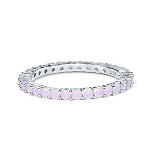 2mm Full Eternity Stackable Engagement Band Ring Round Lab Created White Opal 925 Sterling Silver, Size-8
