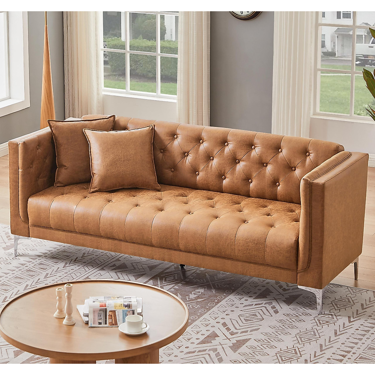 HIFIT 2 Piece Sofa Set for Living Room, Modern Sofas Couches with 2 Pillows, Button Tufted Couch with Extra Deep Seats, 3 Seat Sofa for Apartment Lounge, Brown