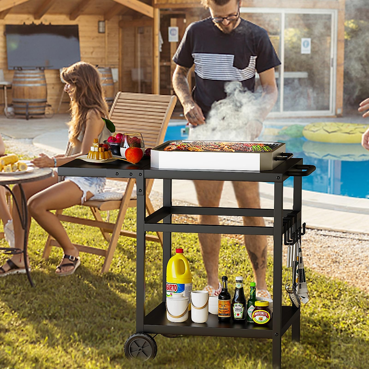 RAXSINYER Double-Shelf Grill Table Outdoor Grill Cart Movable BBQ Table Multifunctional Food Prep Table