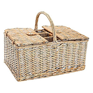 Wicker Picnic Basket Set for 4 with Insulated Cooler Bag, Silverware, Glasses, Napkins, Double Lid, Straw/White Finish