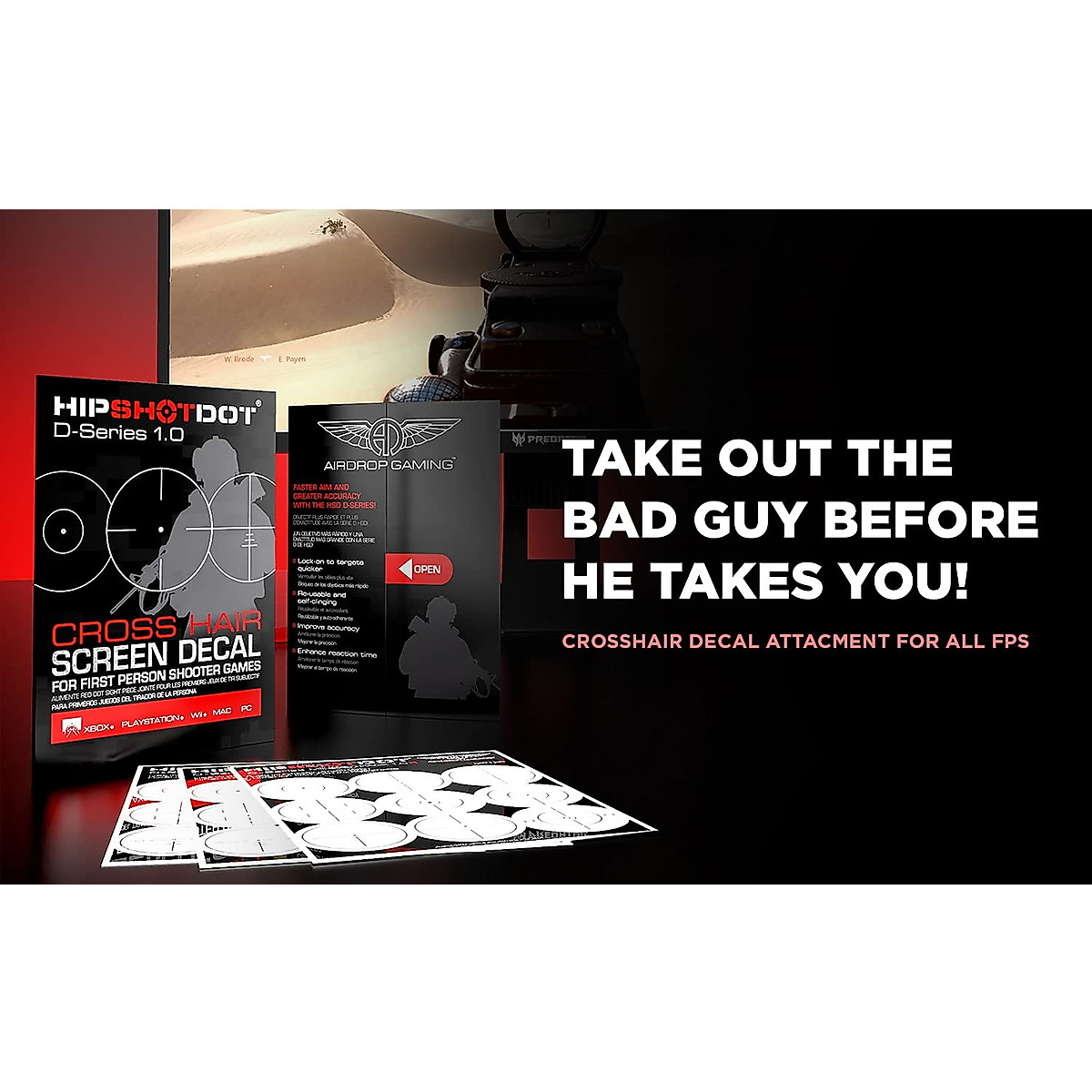 HipShotDot D-Series Milspec Pack - Reusable Transparent Aim Sight Assist TV Decals - Gaming Television or Monitor Decal for FPS Video Games Compatible with PC, Xbox & Playstation (1.5 Red)