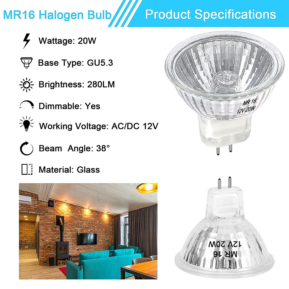 MR16 Halogen Bulb 20W Dimmable 12V GU5.3 Bi Pin Base Spotlight with Long Lifespan, 2700K Warm White MR16 Bulbs with Clear Glass Cover for Landscape, Track Lights, Fiber Optics, Desk Lamps, 6 Pack