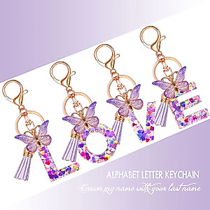 JINGUAZI Initial letter Keychains for Women Tassel Butterfly Pink Cute Car Keychain for Wallet Purses Backpack (Purple E)