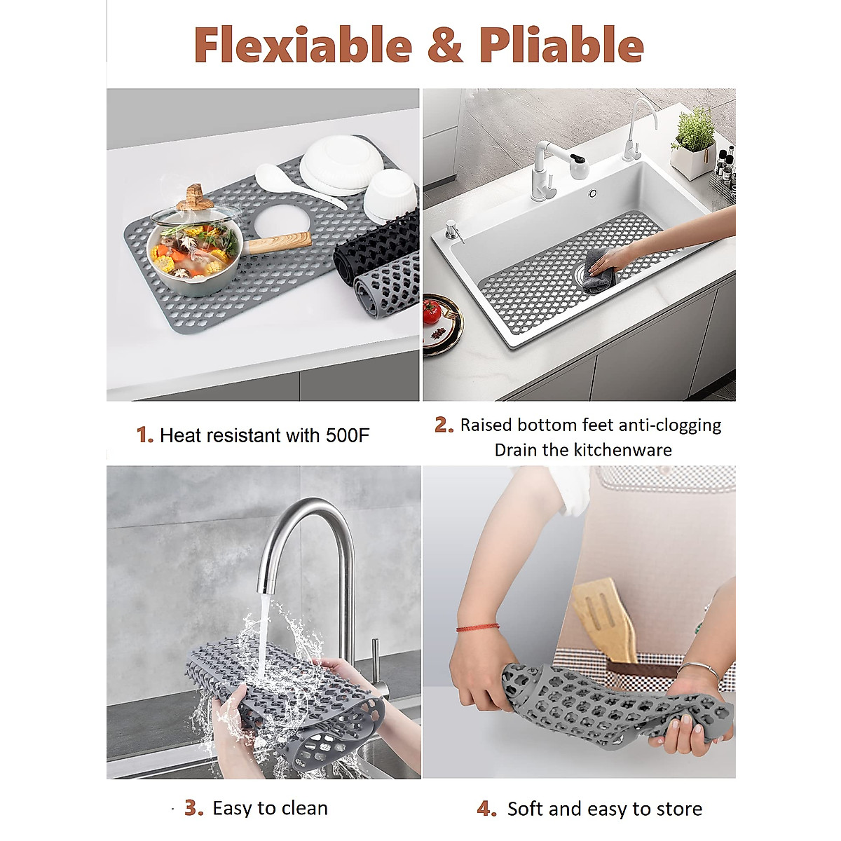 Silicone sink protectors for Kitchen with Center Drain, Grey Grid Accessory Non-slip Heat Resistant Folding mats Grates for Bottom, for Farmhouse Stainless Steel Porcelain Sink (24.8"x 12.9")