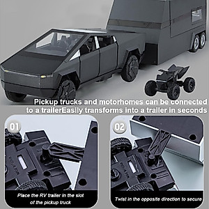 1/32 Diecast Pickup Trailer RV Model Toy Truck with Beach Motorcycle, Alloy Metal Pickup Truck Model Diecast Vehicles with Sound Light Pull Back, Birthday Gifts for Boys Adults (Dark Grey)