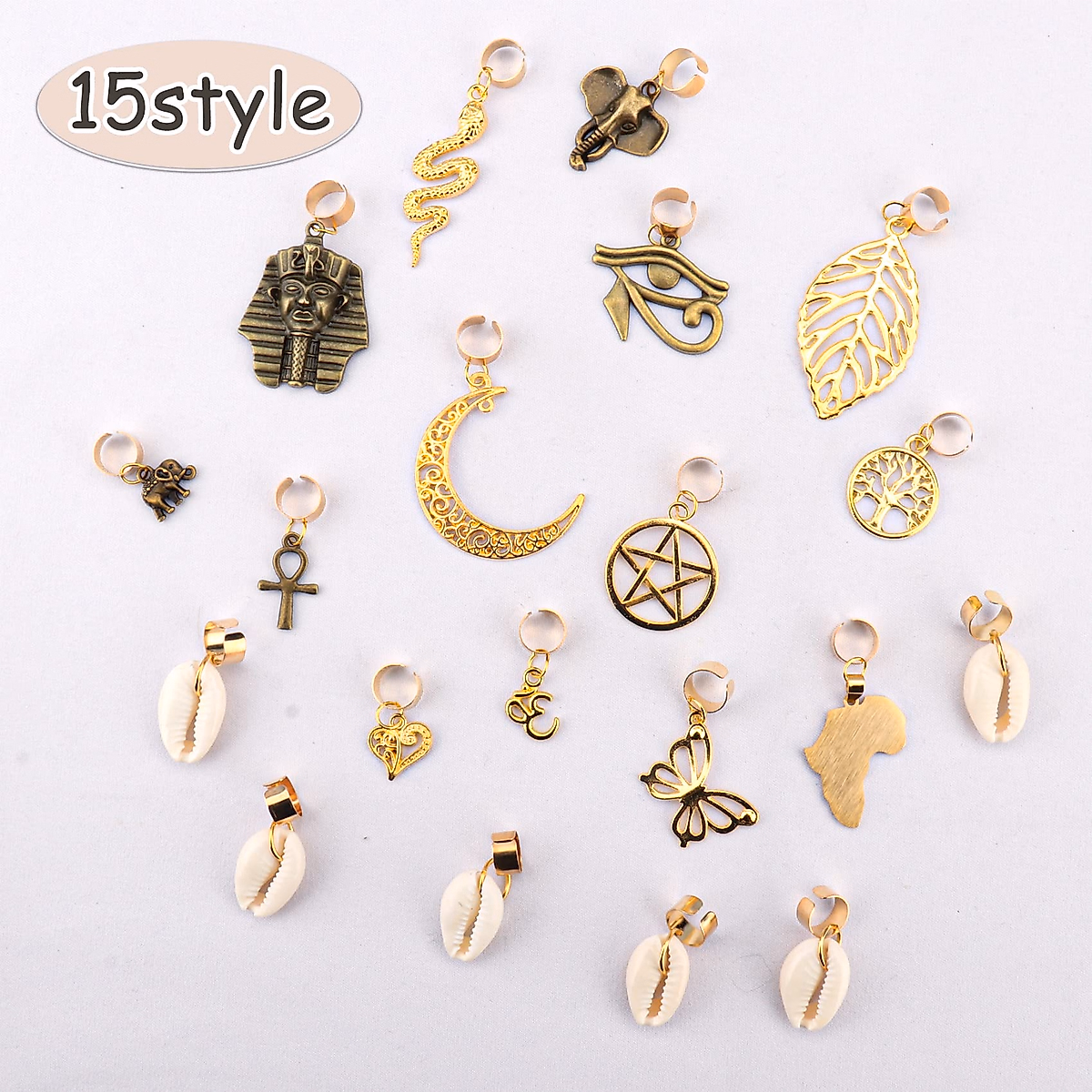 Messen 20 PCS Locs Hair Jewelry Braids Hair Clips Adjustable Hair Cuffs 15 Styles Vintage African Pendant Hair Charms Butterfly Shell DIY Locs Hair Accessories (Bronze and Gold)