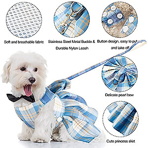 4 Pcs Plaid Dog Dress Bow Tie Harness Leash Set Harness Dress for Small Dogs Cute Dog Pet Girl Puppy Summer Clothes for Female Summer Bunny Rabbit Clothes Yorkie Chihuahua Training Walking (S)