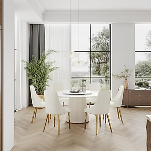 59'' Round Marble Dining Table for 6,Modern White Marble Sintered Stone Round Kitchen Table with Lazy Susan,Faux Marble Dining Table with Solid Wood Pedestal,Wrapped in PU Leather(Only Table)