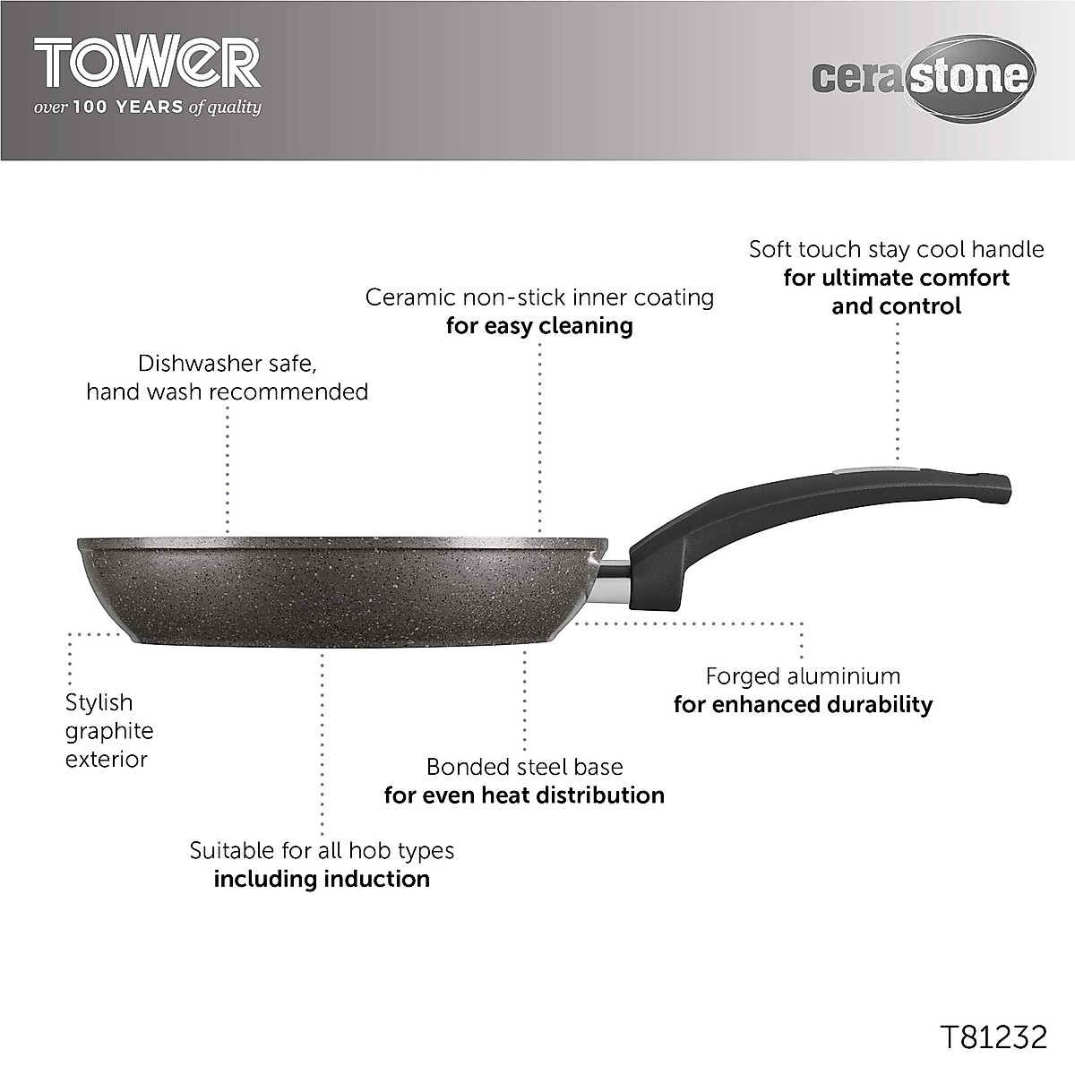 Tower Cerastone Forged Aluminium Frying Pan with Easy Clean Non-Stick Ceramic Coating, 32 cm, Graphite