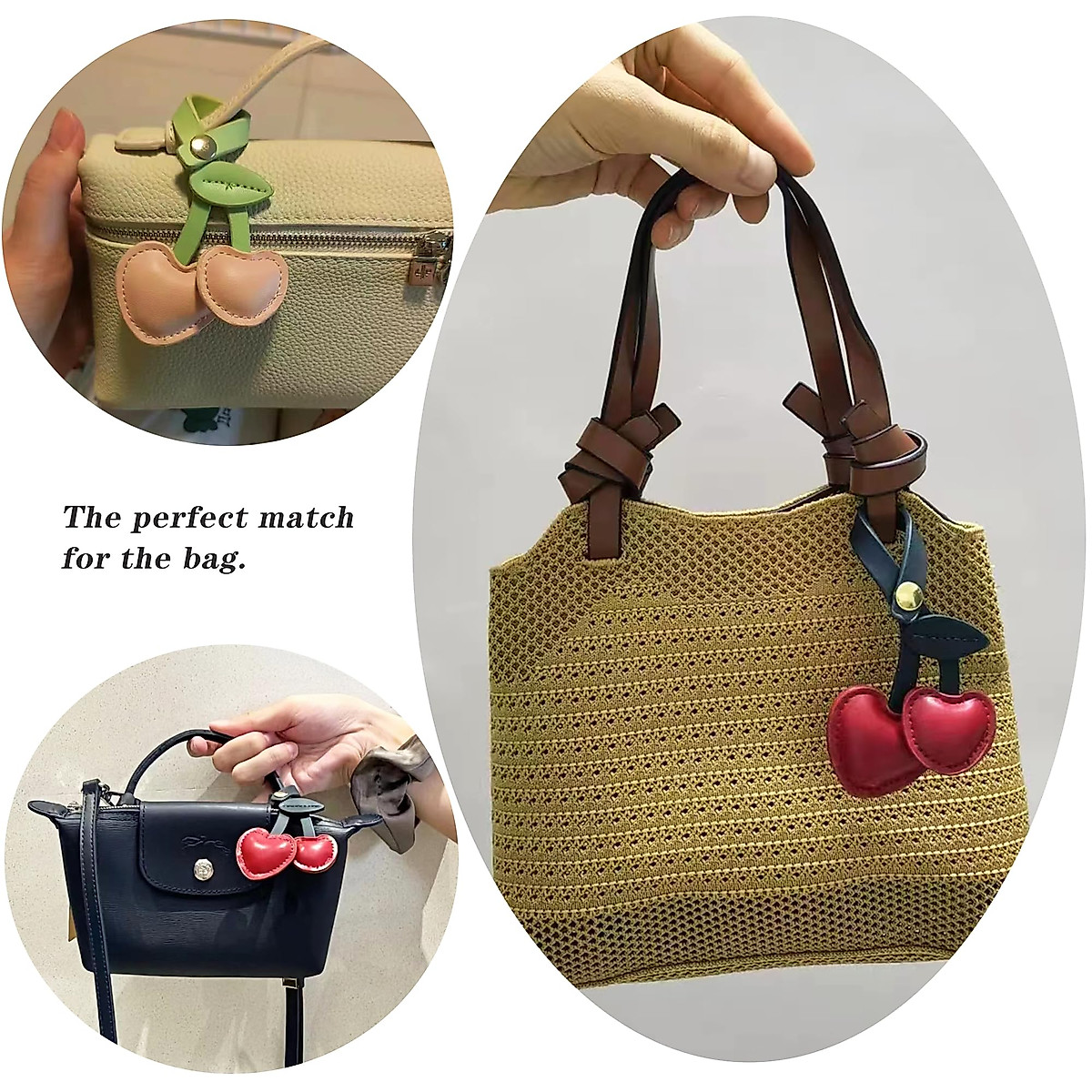 Fuerxy Cherry Bag Charm, Cute Cherry Charm for Purse Handbags Bag Accessories PU Cherry Key Charms (Red)