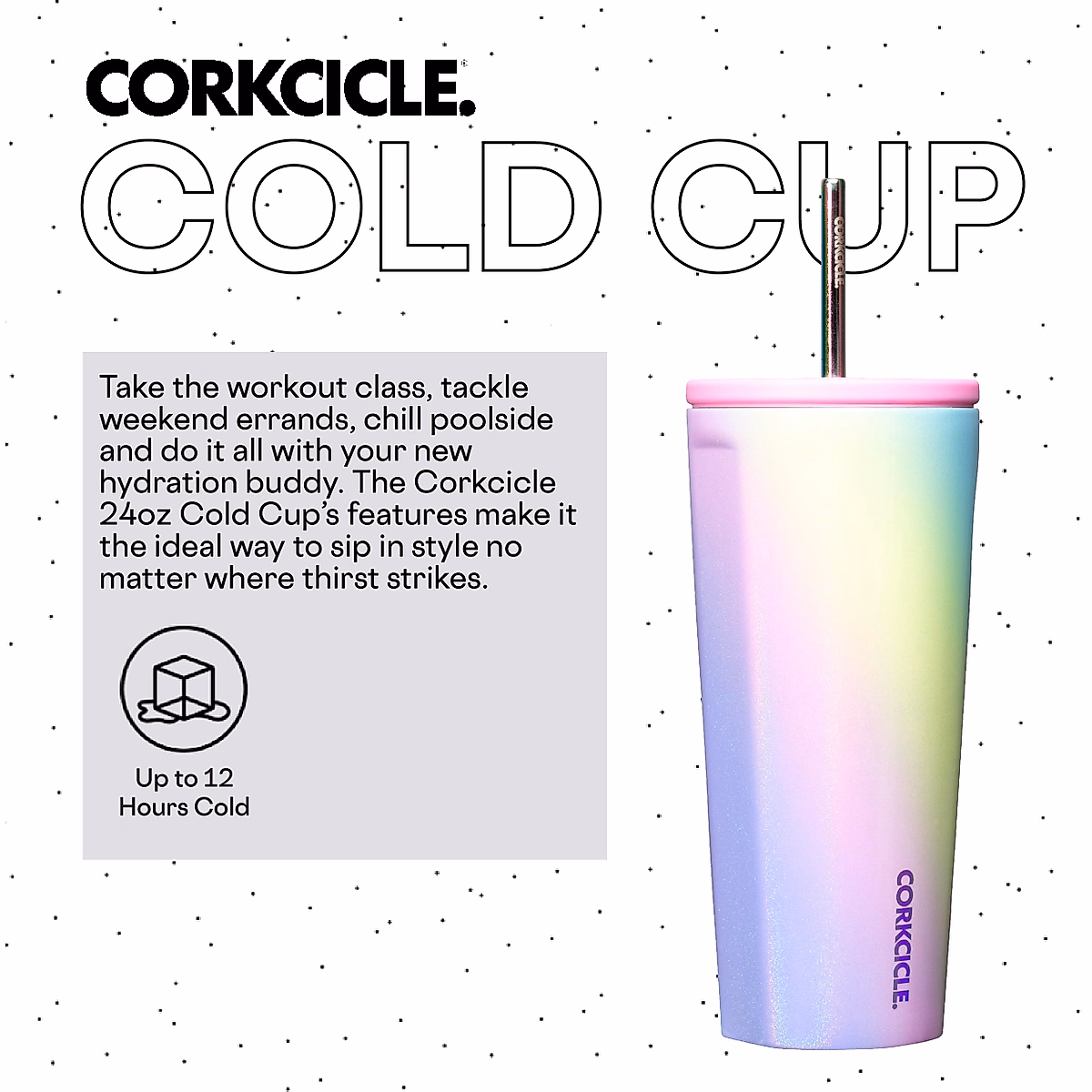 Corkcicle Cold Cup Insulated Tumbler with Lid and Straw, Rainbow Unicorn, 24 oz – Reusable Water Bottle Keeps Beverages Cold for 12hrs, Hot 5hrs – Cupholder Friendly Tumbler, Lid for Flexible Sipping