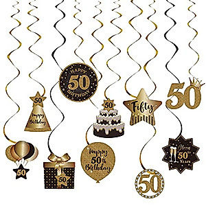 Happy 50th Birthday Party Hanging Swirls Streams Ceiling Decorations, Celebration 50 Foil Hanging Swirls with Cutouts for 50 Years Old Black and Gold Birthday Party Decorations Supplies