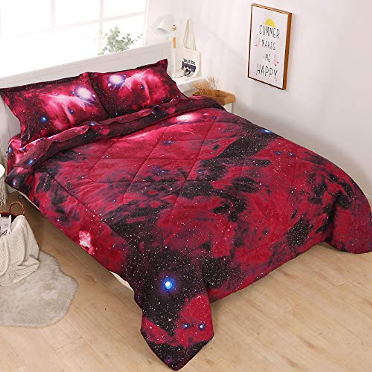 Wowelife Galaxy Bedding Twin Space Bedding Set Red 5 Piece Twin Comforter Set with Comforter, Fitted Sheet and 2 Pillowcases