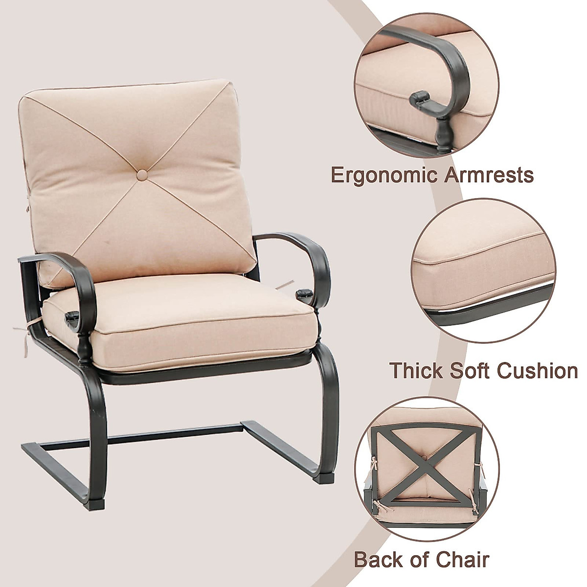 Incbruce Outdoor Furniture 3Pcs Patio Bistro Set, Springs Motion Chairs and Bistro Round Table Set, Metal Small Patio Conversation Set with Cushions (Brown)