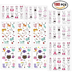 Temporary Tattoos for Girls Kids Women(180pcs), Konsait Cute Kitty Cat Tattoos Waterproof Body Art Sticker Great Birthday Party Favors Kids Party Accessories Goodie Bag Stuffers Party Fillers Gift
