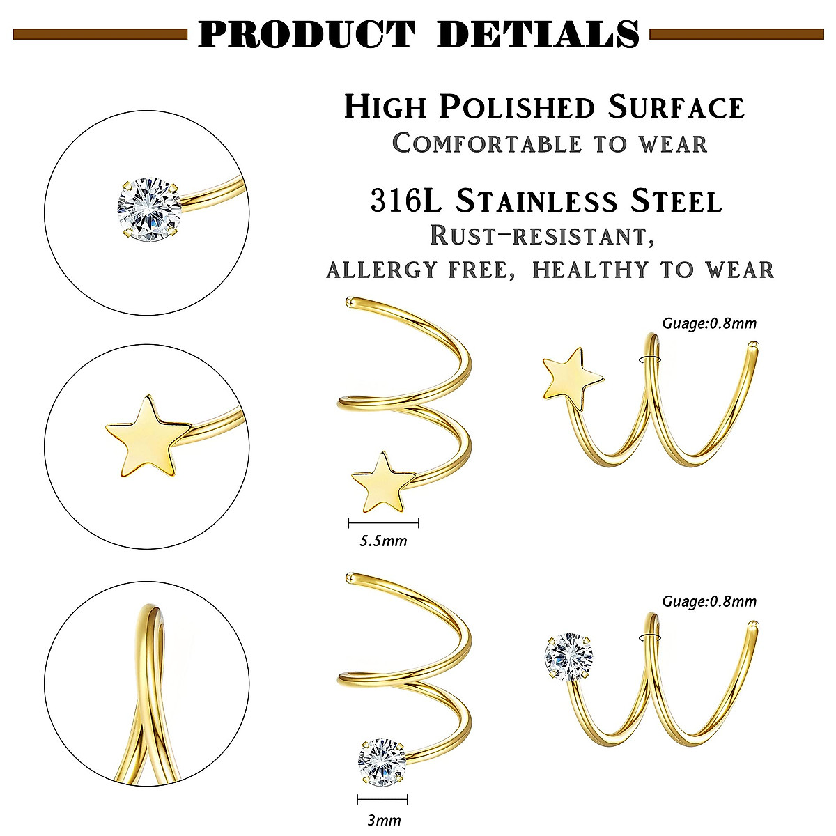 Drperfect 10Pairs Twisted Hoop Earrings for Women 316L Stainless Steel Spiral Earrings Cuff Wrap Earrings Double Hoop Earrings Twist Earrings
