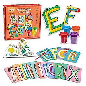 Dough Tools Alphabet A-Z 26 Modeling Dough Cards Learn Letters and Shapes with 4 Non-Toxic Compound Multi Colors Dough for Kids Gift Ages 3 Years and Up
