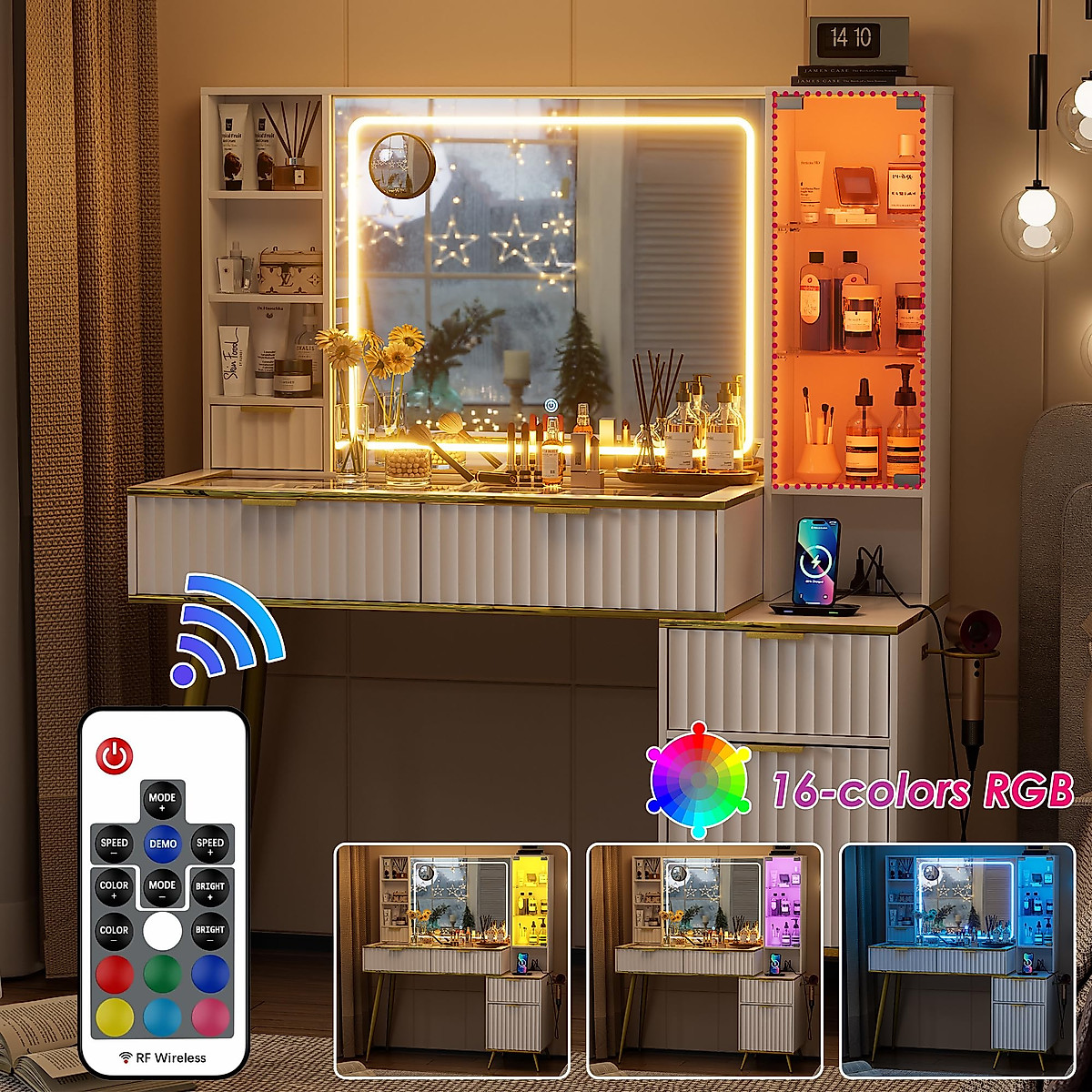 PAKASEPT Fluted Vanity Desk with Mirror and Lights, 47" Big Modern Vanity Desk with Glass Tabletop, Vanity Table with Charging Station, 4 Drawers, Shelves, RGB Glass Cabinet, for Bedroom, White