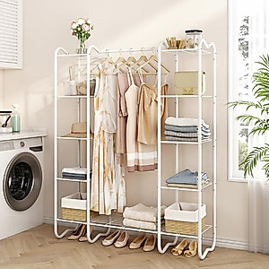 Gewudraw Wardrobe Closet with 8 Metal Shelves, Freestanding Garment Rack, Heavy Duty Clothing Rack For Hanging Clothes, Portable Clothes Rack, Closet Organizer White